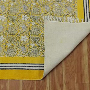 Casavani Indian Handmade Cotton Dhurrie Oriental Yellow & Beige Area Rug Boho Kilim Flat Weave Rug Indoor Hall Room Decor Carpet Throw Rugs for Bedroom Living Room Bathroom Balcony 4x10 Feet Runner