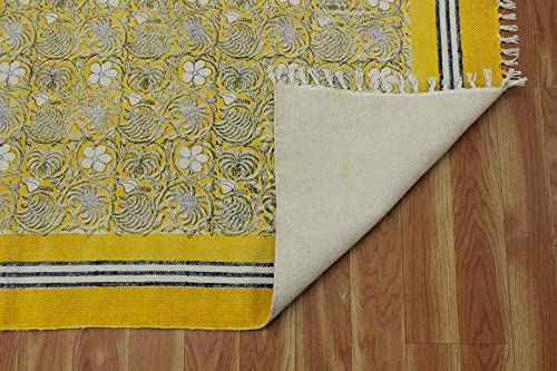 Casavani Indian Handmade Cotton Dhurrie Oriental Yellow & Beige Area Rug Boho Kilim Flat Weave Rug Indoor Hall Room Decor Carpet Throw Rugs for Bedroom Living Room Bathroom Balcony 4x10 Feet Runner