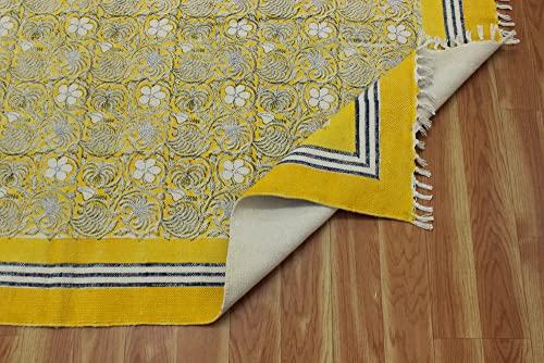 Casavani Indian Handmade Cotton Dhurrie Oriental Yellow & Beige Area Rug Boho Kilim Flat Weave Rug Indoor Hall Room Decor Carpet Throw Rugs for Bedroom Living Room Bathroom Balcony 4x10 Feet Runner