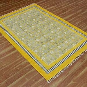 Casavani Indian Handmade Cotton Dhurrie Oriental Yellow & Beige Area Rug Boho Kilim Flat Weave Rug Indoor Hall Room Decor Carpet Throw Rugs for Bedroom Living Room Bathroom Balcony 4x10 Feet Runner