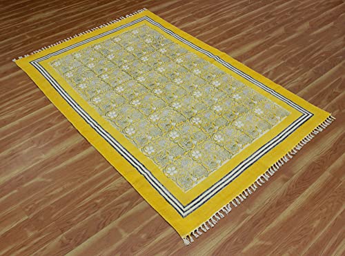 Casavani Indian Handmade Cotton Dhurrie Oriental Yellow & Beige Area Rug Boho Kilim Flat Weave Rug Indoor Hall Room Decor Carpet Throw Rugs for Bedroom Living Room Bathroom Balcony 4x10 Feet Runner