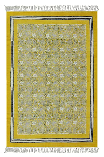 Casavani Indian Handmade Cotton Dhurrie Oriental Yellow & Beige Area Rug Boho Kilim Flat Weave Rug Indoor Hall Room Decor Carpet Throw Rugs for Bedroom Living Room Bathroom Balcony 4x10 Feet Runner