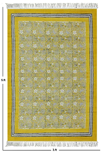 Casavani Indian Handmade Cotton Dhurrie Oriental Yellow & Beige Area Rug Boho Kilim Flat Weave Rug Indoor Hall Room Decor Carpet Throw Rugs for Bedroom Living Room Bathroom Balcony 4x10 Feet Runner