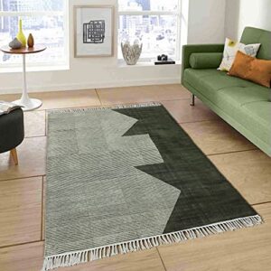 casavani hand made cotton dhurrie geometric green & beige tassel rug easy care washable rugs for doormat entryway living room bedroom hallway balcony 6x12 feet runner