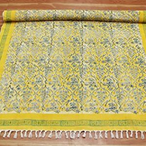 Casavani Indian Handmade Cotton Dhurrie Bordered Yellow & Green Area Rug Boho Kilim Flat Weave Rug Indoor Hall Room Decor Carpet Throw Rugs for Bedroom Living Room Bathroom Balcony 4x7 Feet