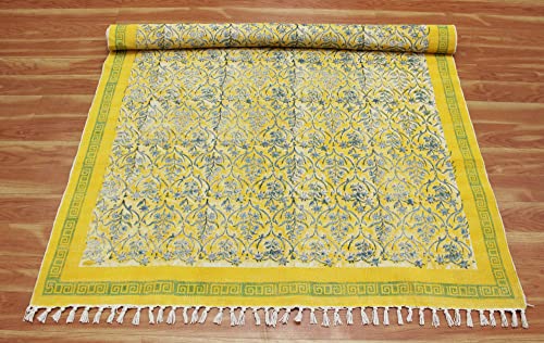 Casavani Indian Handmade Cotton Dhurrie Bordered Yellow & Green Area Rug Boho Kilim Flat Weave Rug Indoor Hall Room Decor Carpet Throw Rugs for Bedroom Living Room Bathroom Balcony 4x7 Feet