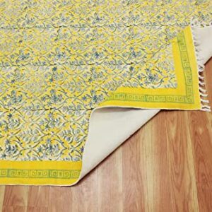 Casavani Indian Handmade Cotton Dhurrie Bordered Yellow & Green Area Rug Boho Kilim Flat Weave Rug Indoor Hall Room Decor Carpet Throw Rugs for Bedroom Living Room Bathroom Balcony 4x7 Feet