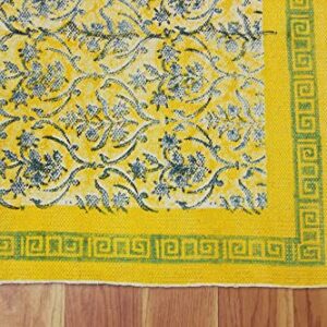 Casavani Indian Handmade Cotton Dhurrie Bordered Yellow & Green Area Rug Boho Kilim Flat Weave Rug Indoor Hall Room Decor Carpet Throw Rugs for Bedroom Living Room Bathroom Balcony 4x7 Feet