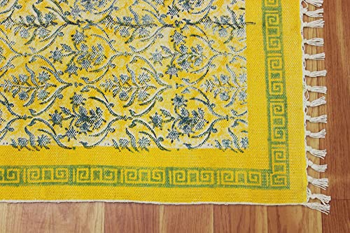 Casavani Indian Handmade Cotton Dhurrie Bordered Yellow & Green Area Rug Boho Kilim Flat Weave Rug Indoor Hall Room Decor Carpet Throw Rugs for Bedroom Living Room Bathroom Balcony 4x7 Feet