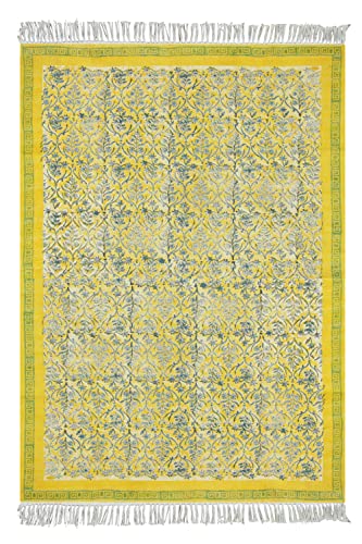 Casavani Indian Handmade Cotton Dhurrie Bordered Yellow & Green Area Rug Boho Kilim Flat Weave Rug Indoor Hall Room Decor Carpet Throw Rugs for Bedroom Living Room Bathroom Balcony 4x7 Feet