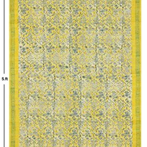 Casavani Indian Handmade Cotton Dhurrie Bordered Yellow & Green Area Rug Boho Kilim Flat Weave Rug Indoor Hall Room Decor Carpet Throw Rugs for Bedroom Living Room Bathroom Balcony 4x7 Feet