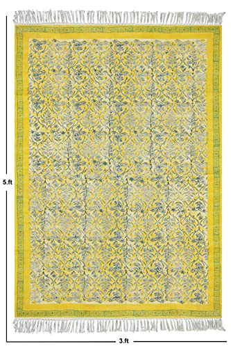 Casavani Indian Handmade Cotton Dhurrie Bordered Yellow & Green Area Rug Boho Kilim Flat Weave Rug Indoor Hall Room Decor Carpet Throw Rugs for Bedroom Living Room Bathroom Balcony 4x7 Feet