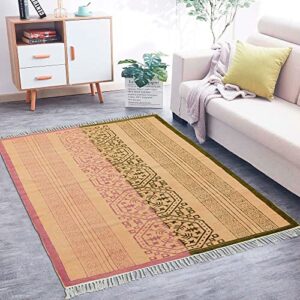 casavani hand block printed rug geometric green & pink tassel rug boho area rug easy care washable rugs for doormat entryway living room bedroom hallway balcony 4x10 feet runner