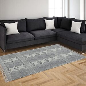 casavani hand block printed cotton dhurrie geometric gray & beige tassel rug easy care washable rugs for doormat entryway living room bedroom hallway balcony 2.6x10 feet runner