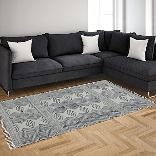 Casavani Hand Block Printed Cotton Dhurrie Geometric Gray & Beige Tassel Rug Easy Care Washable Rugs for Doormat Entryway Living Room Bedroom Hallway Balcony 2.6x10 Feet Runner