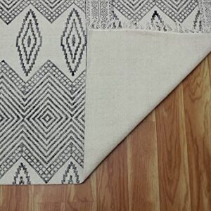 Casavani Hand Block Printed Cotton Dhurrie Geometric Gray & Beige Tassel Rug Easy Care Washable Rugs for Doormat Entryway Living Room Bedroom Hallway Balcony 2.6x10 Feet Runner