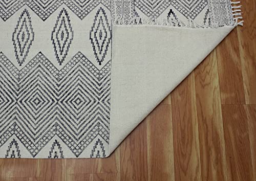 Casavani Hand Block Printed Cotton Dhurrie Geometric Gray & Beige Tassel Rug Easy Care Washable Rugs for Doormat Entryway Living Room Bedroom Hallway Balcony 2.6x10 Feet Runner