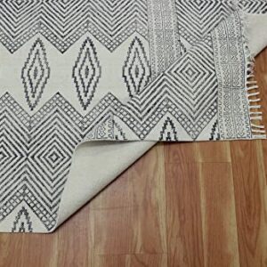 Casavani Hand Block Printed Cotton Dhurrie Geometric Gray & Beige Tassel Rug Easy Care Washable Rugs for Doormat Entryway Living Room Bedroom Hallway Balcony 2.6x10 Feet Runner