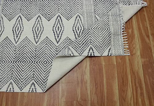 Casavani Hand Block Printed Cotton Dhurrie Geometric Gray & Beige Tassel Rug Easy Care Washable Rugs for Doormat Entryway Living Room Bedroom Hallway Balcony 2.6x10 Feet Runner