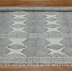 Casavani Hand Block Printed Cotton Dhurrie Geometric Gray & Beige Tassel Rug Easy Care Washable Rugs for Doormat Entryway Living Room Bedroom Hallway Balcony 2.6x10 Feet Runner