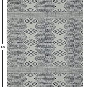 Casavani Hand Block Printed Cotton Dhurrie Geometric Gray & Beige Tassel Rug Easy Care Washable Rugs for Doormat Entryway Living Room Bedroom Hallway Balcony 2.6x10 Feet Runner