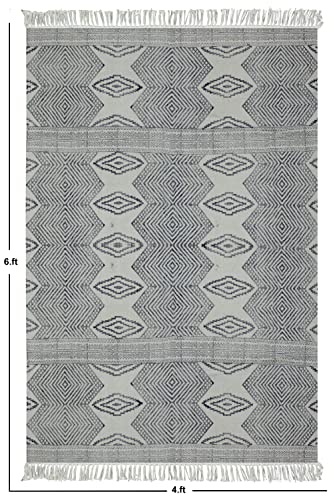 Casavani Hand Block Printed Cotton Dhurrie Geometric Gray & Beige Tassel Rug Easy Care Washable Rugs for Doormat Entryway Living Room Bedroom Hallway Balcony 2.6x10 Feet Runner