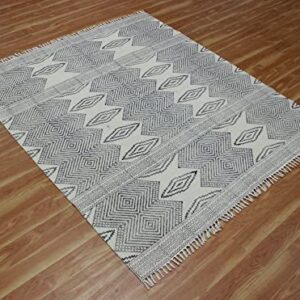 Casavani Hand Block Printed Cotton Dhurrie Geometric Gray & Beige Tassel Rug Easy Care Washable Rugs for Doormat Entryway Living Room Bedroom Hallway Balcony 2.6x10 Feet Runner