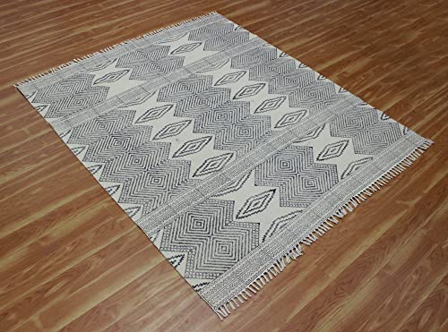 Casavani Hand Block Printed Cotton Dhurrie Geometric Gray & Beige Tassel Rug Easy Care Washable Rugs for Doormat Entryway Living Room Bedroom Hallway Balcony 2.6x10 Feet Runner