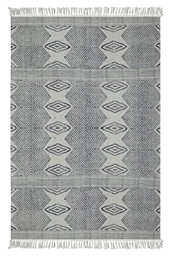 Casavani Hand Block Printed Cotton Dhurrie Geometric Gray & Beige Tassel Rug Easy Care Washable Rugs for Doormat Entryway Living Room Bedroom Hallway Balcony 2.6x10 Feet Runner