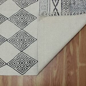 Casavani Hand Block Printed Rug Moroccan Beige & Black Tassel Rug Boho Area Rug Easy Care Washable Rugs for Doormat Entryway Living Room Bedroom Hallway Balcony 5x5 Feet Square