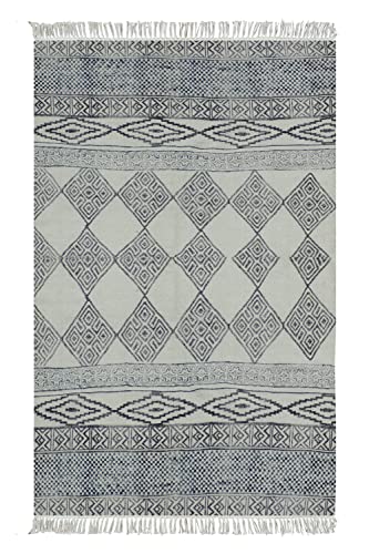 Casavani Hand Block Printed Rug Moroccan Beige & Black Tassel Rug Boho Area Rug Easy Care Washable Rugs for Doormat Entryway Living Room Bedroom Hallway Balcony 5x5 Feet Square