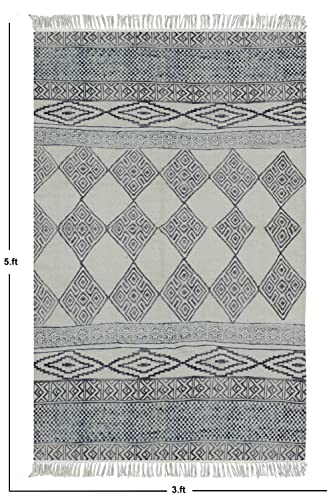 Casavani Hand Block Printed Rug Moroccan Beige & Black Tassel Rug Boho Area Rug Easy Care Washable Rugs for Doormat Entryway Living Room Bedroom Hallway Balcony 5x5 Feet Square