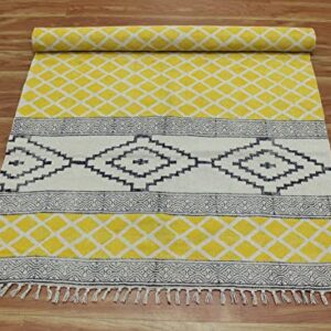 Casavani Hand Made Cotton Dhurrie Geometric Yellow & Black Tassel Rug Easy Care Washable Rugs for Doormat Entryway Living Room Bedroom Hallway Balcony 8x10 Feet