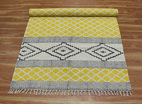 Casavani Hand Made Cotton Dhurrie Geometric Yellow & Black Tassel Rug Easy Care Washable Rugs for Doormat Entryway Living Room Bedroom Hallway Balcony 8x10 Feet