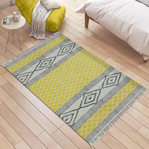 casavani hand made cotton dhurrie geometric yellow & black tassel rug easy care washable rugs for doormat entryway living room bedroom hallway balcony 8x10 feet