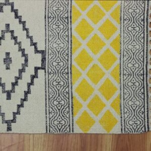 Casavani Hand Made Cotton Dhurrie Geometric Yellow & Black Tassel Rug Easy Care Washable Rugs for Doormat Entryway Living Room Bedroom Hallway Balcony 8x10 Feet