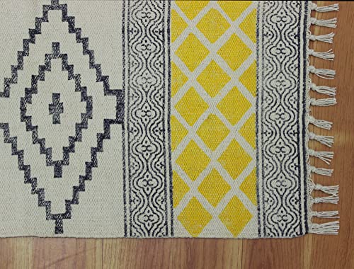 Casavani Hand Made Cotton Dhurrie Geometric Yellow & Black Tassel Rug Easy Care Washable Rugs for Doormat Entryway Living Room Bedroom Hallway Balcony 8x10 Feet