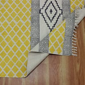 Casavani Hand Made Cotton Dhurrie Geometric Yellow & Black Tassel Rug Easy Care Washable Rugs for Doormat Entryway Living Room Bedroom Hallway Balcony 8x10 Feet