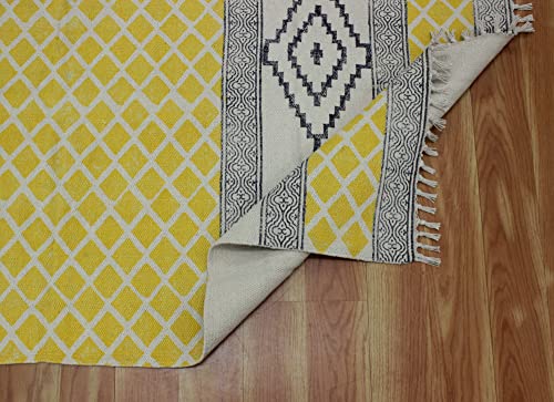 Casavani Hand Made Cotton Dhurrie Geometric Yellow & Black Tassel Rug Easy Care Washable Rugs for Doormat Entryway Living Room Bedroom Hallway Balcony 8x10 Feet