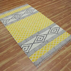 Casavani Hand Made Cotton Dhurrie Geometric Yellow & Black Tassel Rug Easy Care Washable Rugs for Doormat Entryway Living Room Bedroom Hallway Balcony 8x10 Feet