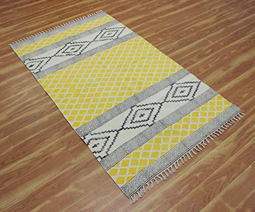 Casavani Hand Made Cotton Dhurrie Geometric Yellow & Black Tassel Rug Easy Care Washable Rugs for Doormat Entryway Living Room Bedroom Hallway Balcony 8x10 Feet