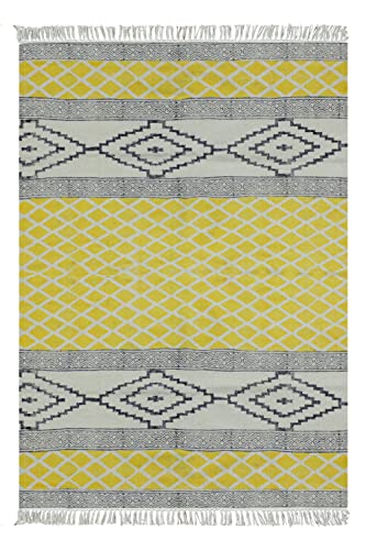 Casavani Hand Made Cotton Dhurrie Geometric Yellow & Black Tassel Rug Easy Care Washable Rugs for Doormat Entryway Living Room Bedroom Hallway Balcony 8x10 Feet