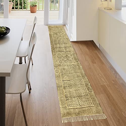 Casavani Hand Made Cotton Dhurrie Abstract Brown Tassel Rug Easy Care Washable Rugs for Doormat Entryway Living Room Bedroom Hallway Balcony 3x20 Feet Runner