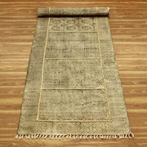 Casavani Hand Made Cotton Dhurrie Abstract Brown Tassel Rug Easy Care Washable Rugs for Doormat Entryway Living Room Bedroom Hallway Balcony 3x20 Feet Runner