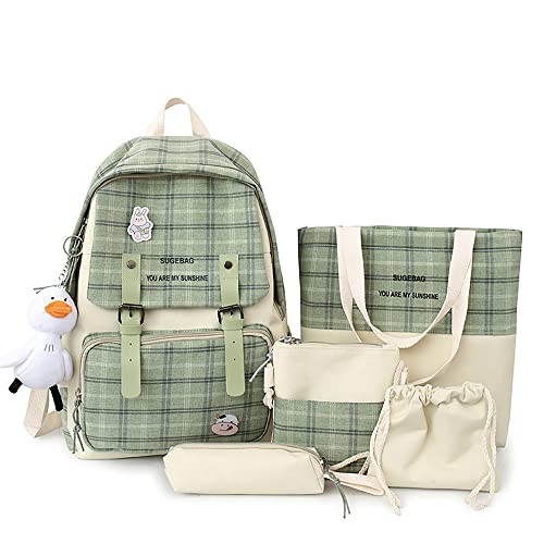 DAHUOJI 5Pcs Kawaii Backpack Set with Badge & Duck Pendant,Japanese Aesthetic Check Bookbag for Girls Cute Plaid School Bags Comes with Tote Bag,Shoulder Bag,Pencil Box,Small Bag(Green,16in)