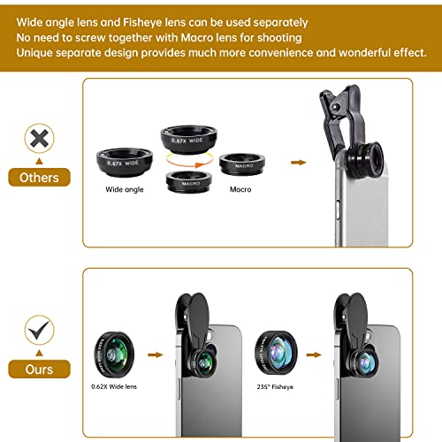 Phone Camera Lens 3 in 1 Kit, COSULAN Phone Lens Kit - 235° Fisheye Lens + 25X Macro Lens + 0.62X Wide Angle Lens, Clip on Cell Phone Lens Camera Compatible with iPhone Samsung Android Smartphones