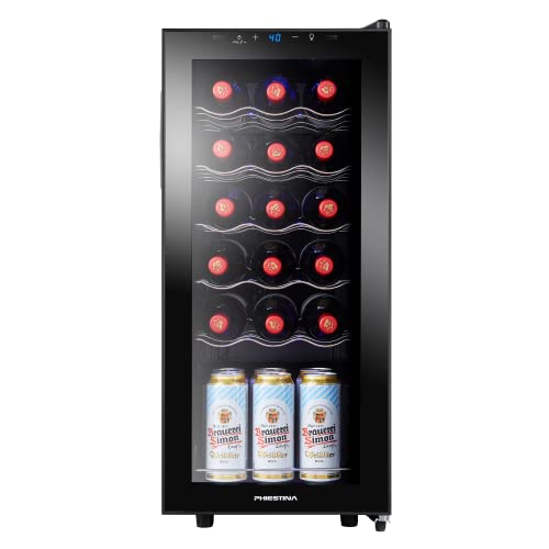 Phiestina Wine Cooler Wine and Beverage Refrigerator 18 Bottles or 15 Bottles 9 cans Beer Fridge Freestanding,with Removable Shelves Interior Lighting Digital Touch Control for Home/Bar/Office