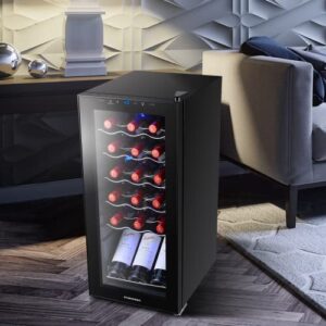 Phiestina Wine Cooler Wine and Beverage Refrigerator 18 Bottles or 15 Bottles 9 cans Beer Fridge Freestanding,with Removable Shelves Interior Lighting Digital Touch Control for Home/Bar/Office