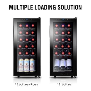 Phiestina Wine Cooler Wine and Beverage Refrigerator 18 Bottles or 15 Bottles 9 cans Beer Fridge Freestanding,with Removable Shelves Interior Lighting Digital Touch Control for Home/Bar/Office