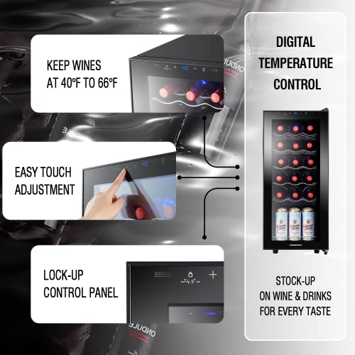 Phiestina Wine Cooler Wine and Beverage Refrigerator 18 Bottles or 15 Bottles 9 cans Beer Fridge Freestanding,with Removable Shelves Interior Lighting Digital Touch Control for Home/Bar/Office